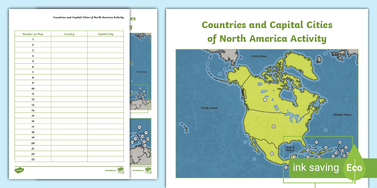 The Countries And Capital Cities Of North and Central America Labelling