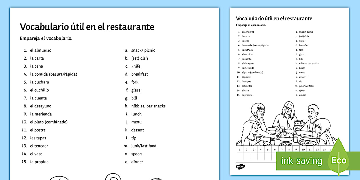 Useful Vocabulary at the Restaurant Worksheet / Worksheet - Spanish