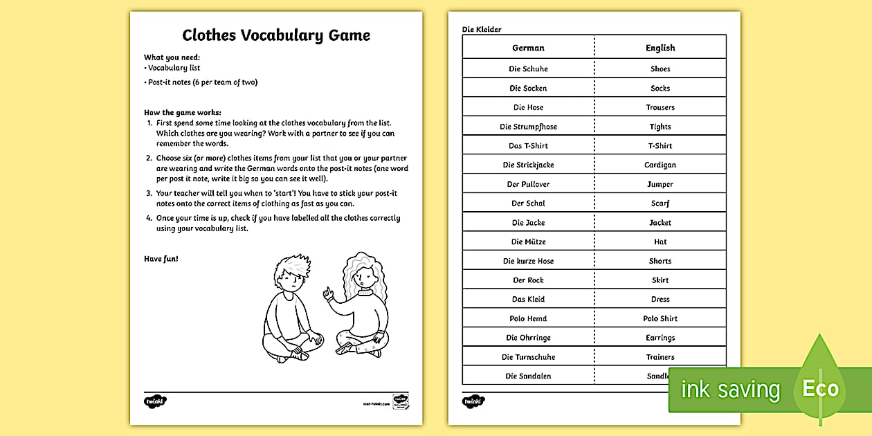 Clothes Vocabulary Interactive Game - German