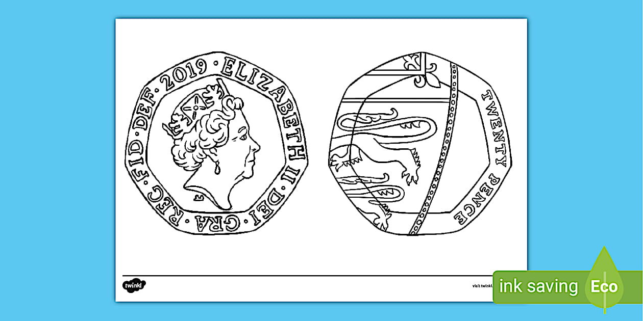 Two Sides of a Twenty Pence Coin Colouring Page - Twinkl