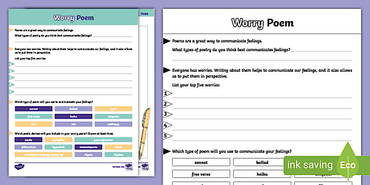 Worry Poem Worksheet (teacher made) - Twinkl