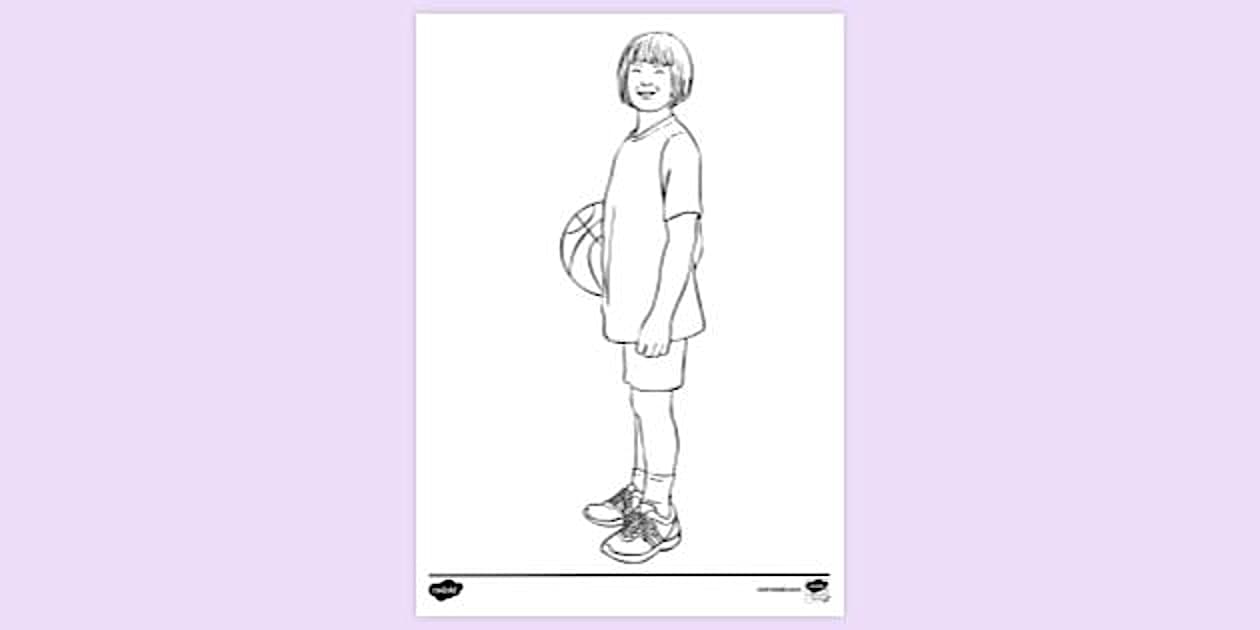 Girl in PE Kit with Basketball Colouring Sheet - Twinkl