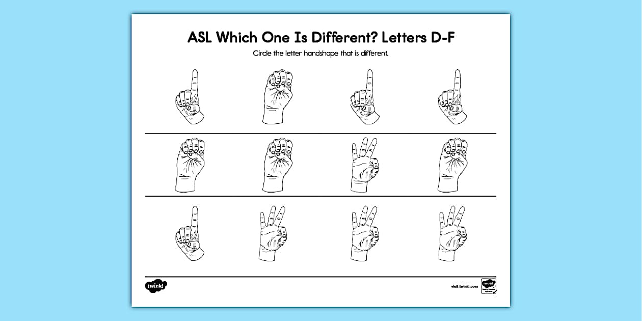 ASL Which One Is Different? Letters D-F Worksheet - Twinkl