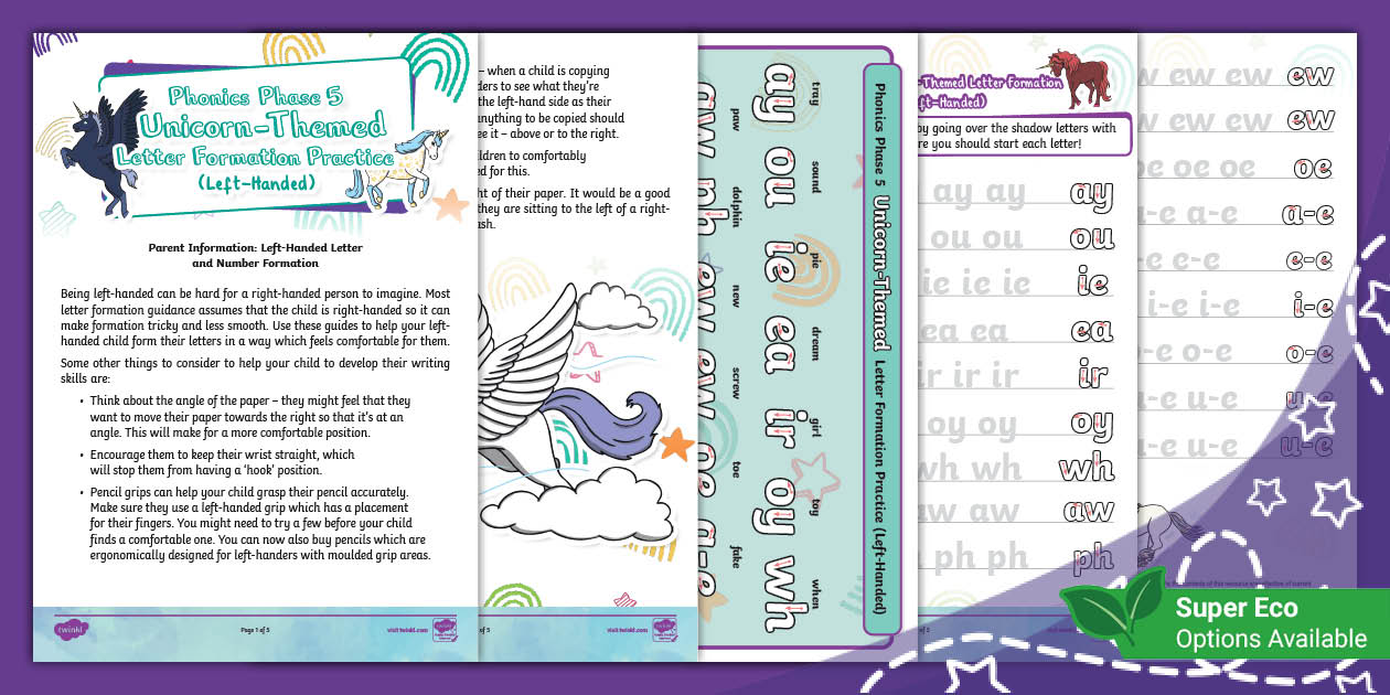 Phonics Phase 5 Unicorn-Themed Letter Formation Left-Handed