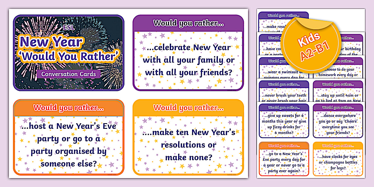 ESL New Year 'Would You Rather' Conversation Cards - Twinkl