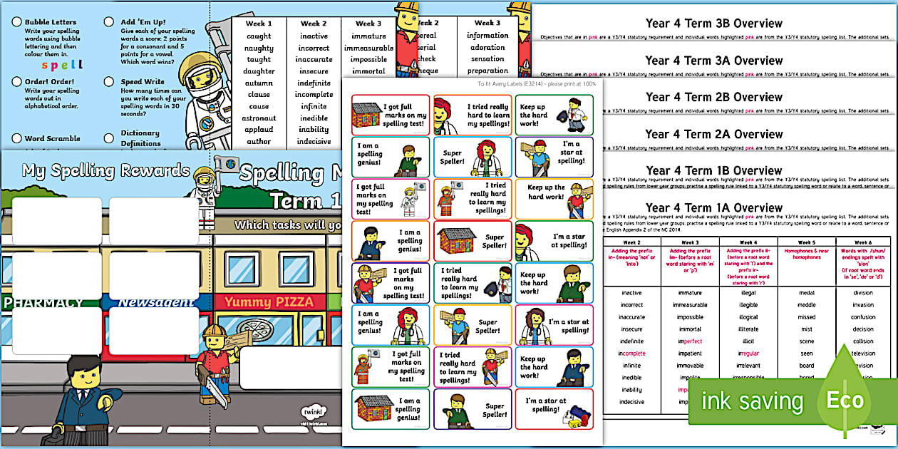 Editable Year 4 Building Brick Themed Spelling Menu Pack