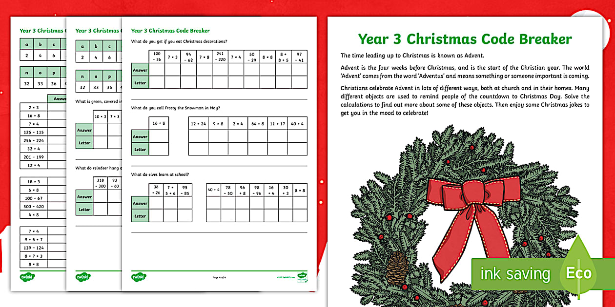 Editable Year 3 Christmas Calculations Code Breaker Worksheets