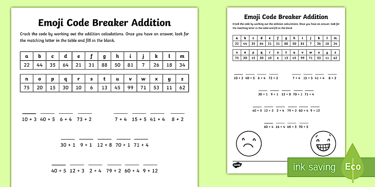 😊 KS1 Emoji Addition Code Breaker Worksheet - Twinkl