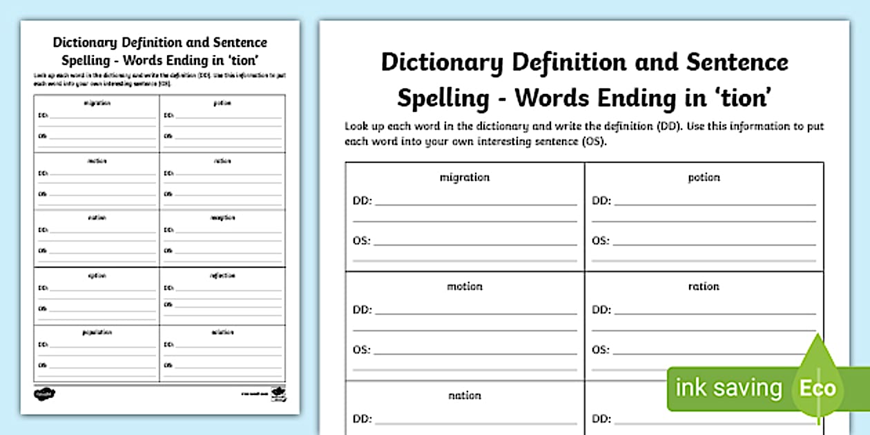 Dictionary and Sentence Writing Skills '-tion' Word Endings