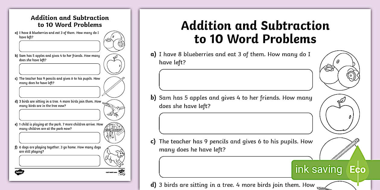 👉 Word Problems to 10 Activity Sheet, Addition and Subtraction