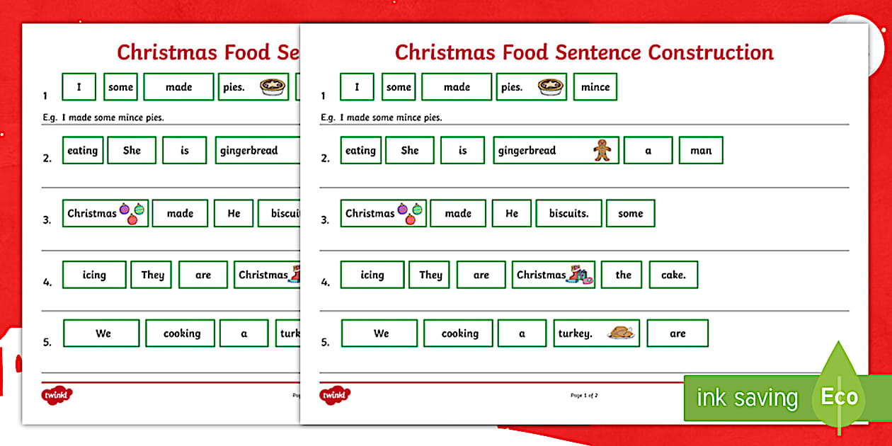 Christmas Food Sentence Construction Worksheet / Worksheet