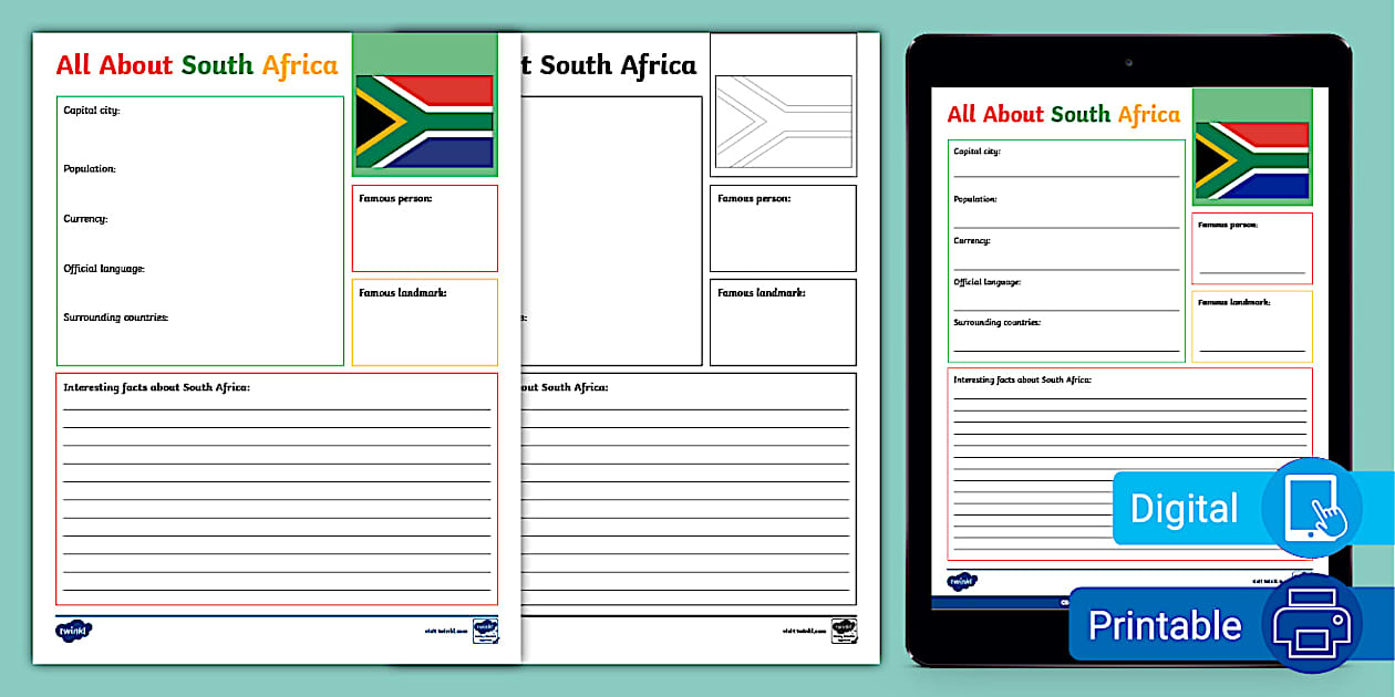 All About South Africa Research Worksheet (teacher made)