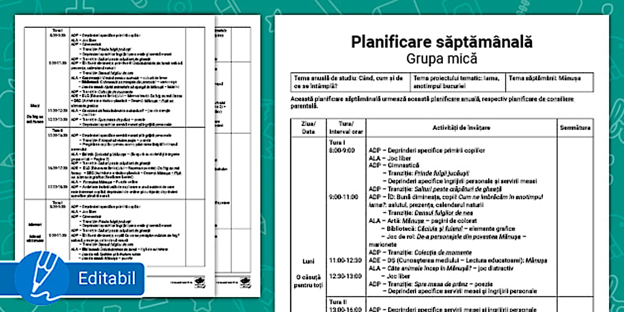 Mănușa – Model de planificare săptămânală grupa mică
