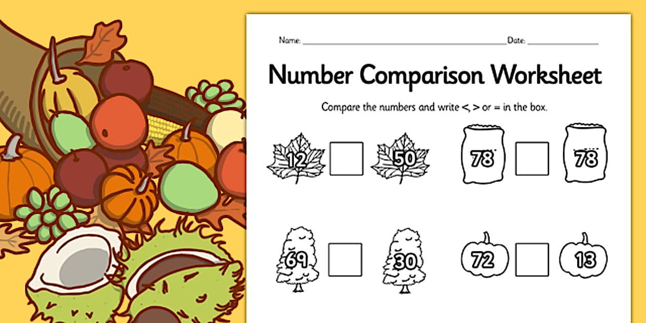 Autumn Number Comparison Worksheet (teacher made) - Twinkl