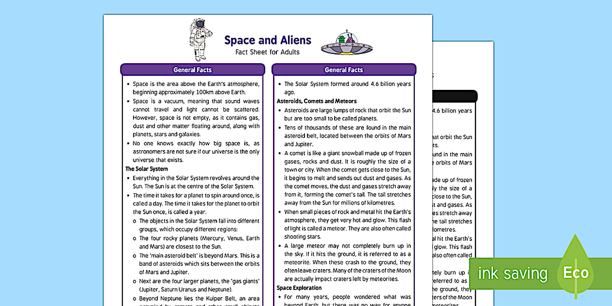 Space and Aliens Fact Sheet for Adults (teacher made)