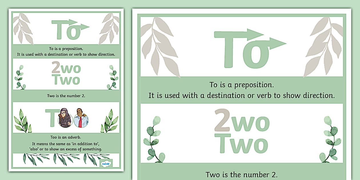 Botanical Themed To Two and Too Homophones Display Poster