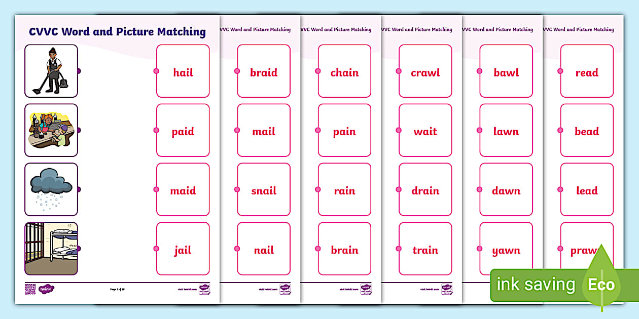 CVVC Words and Picture Matching Activity Sheet - Twinkl