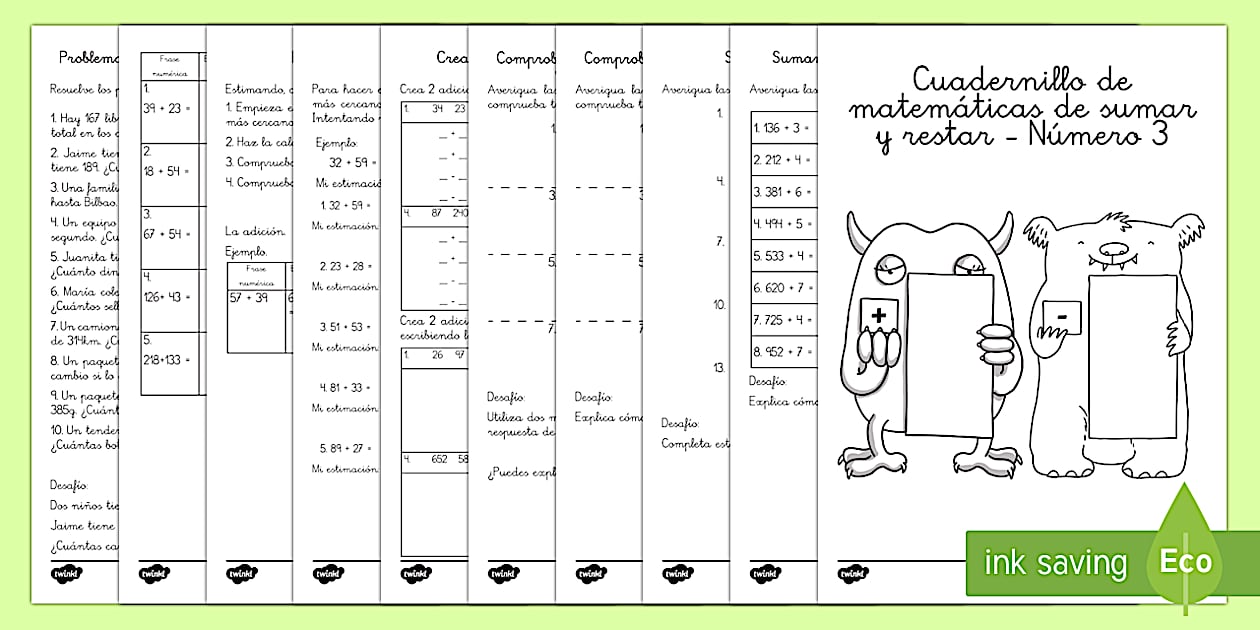 Sumas y restas Num. 3 Cuadernillo de matemáticas-Spanish