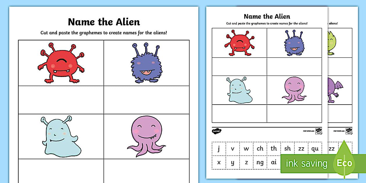 Black and White Phase 3 Phonics Name the Alien Cut and Stick Activity