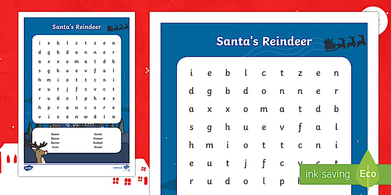Black and White Santa's Reindeer Word Search - Twinkl