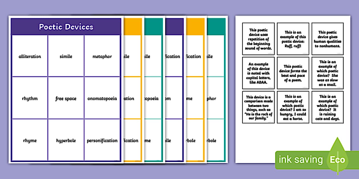 Bingo Poetry Game - Poetic Devices & Figurative Language