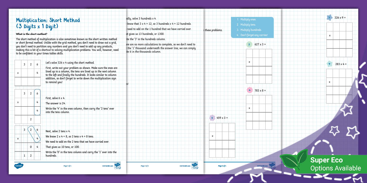 Multiplication: Short Method (3 Digits x 1 Digit) (Ages 8 - 9)