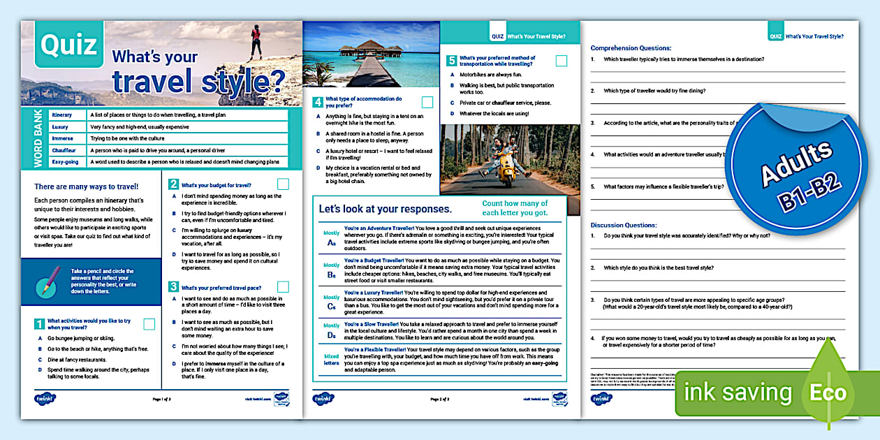 ESL Travel: What's Your Travel Style? Quiz [Adults, B1- B2]