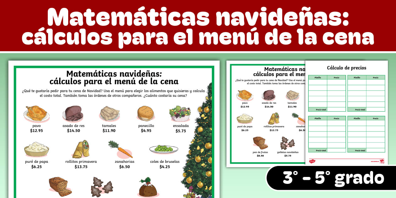 Matemáticas navideñas: cálculo de menú cena para 3°-5°