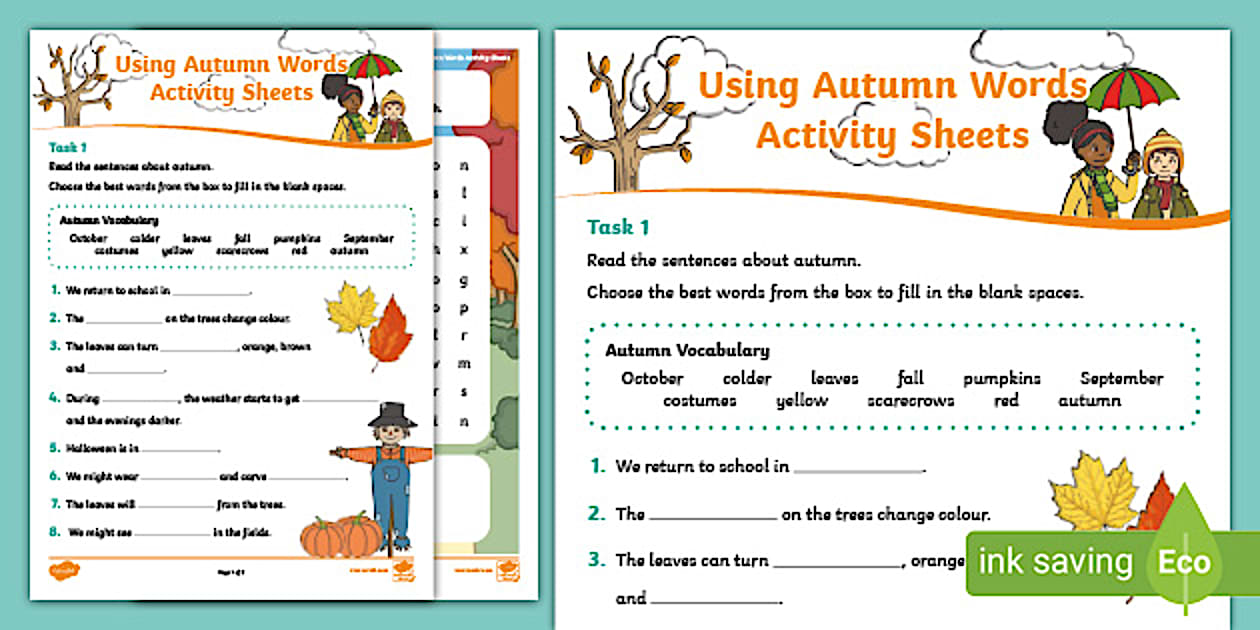 Using Autumn Words Activity Worksheets (teacher made)