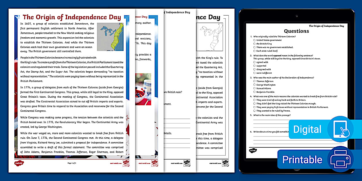 4th of July Reading Comprehension Worksheet PDF | Twinkl USA