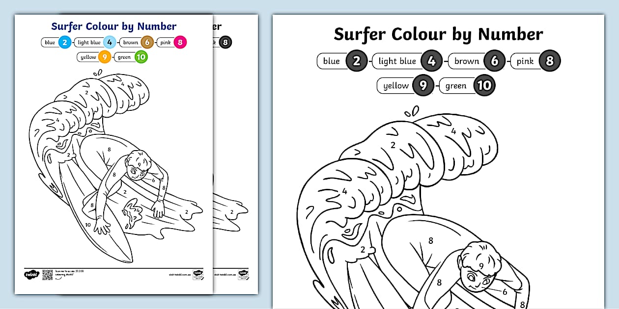 Surfing Colour by Number Worksheet (teacher made) - Twinkl
