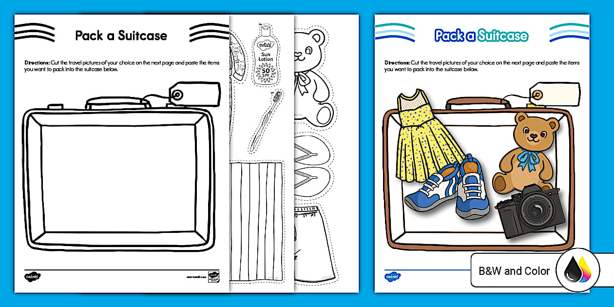 Airport Dramatic Play Pack a Suitcase Cut and Paste Activity Worksheet