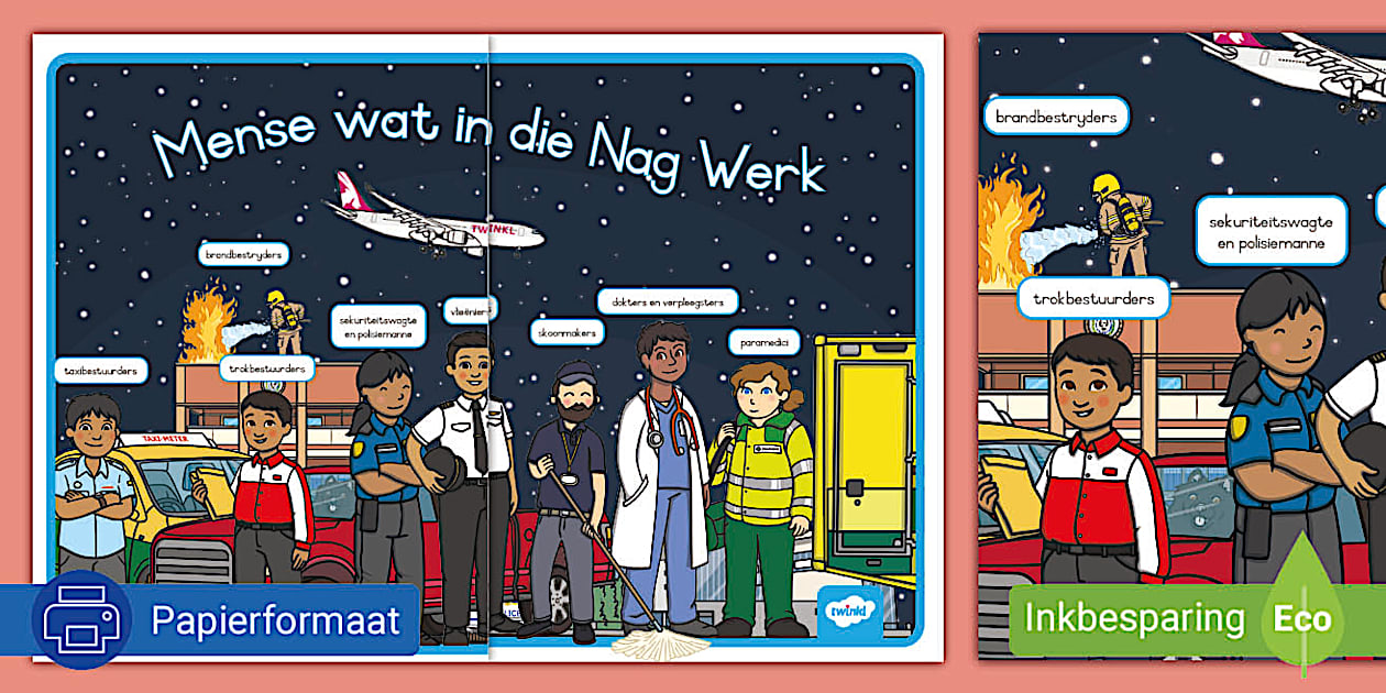 Mense wat in die Nag Werk Vertoonplakkaat (teacher made)