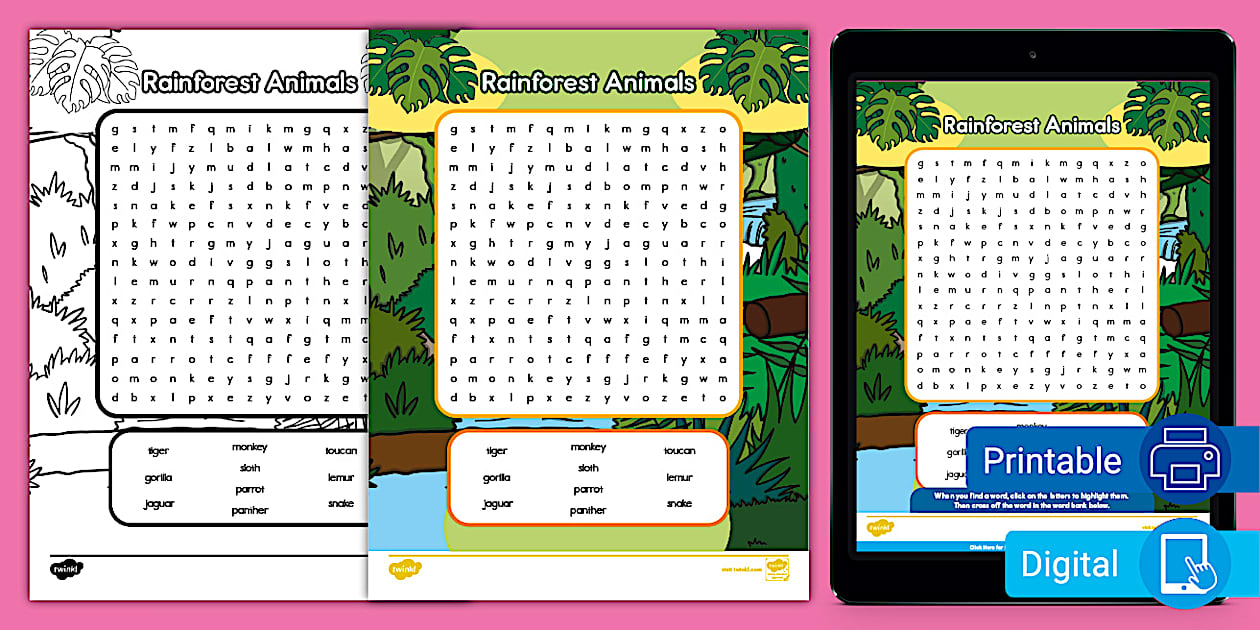 Rainforest Animals Word Search for K-2nd Grade - Twinkl