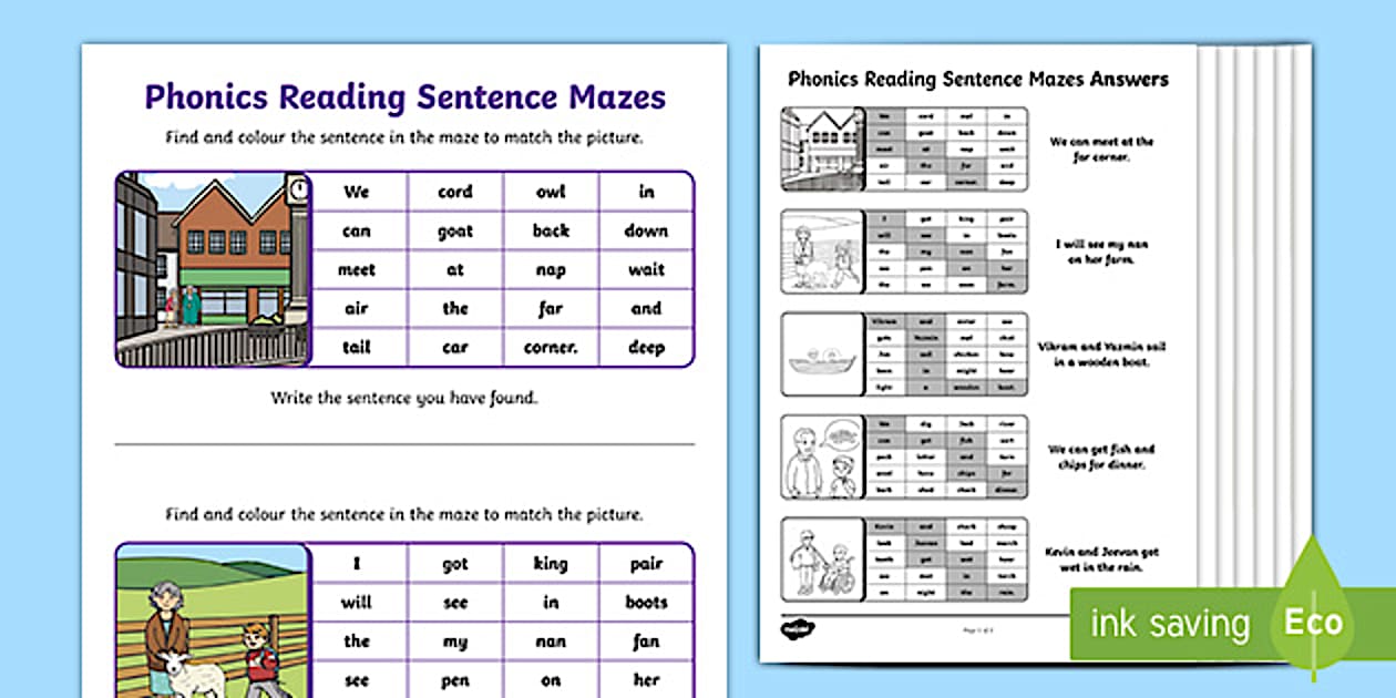 Phase 3 Phonics Reading Sentence Mazes (l'enseignant a fait)