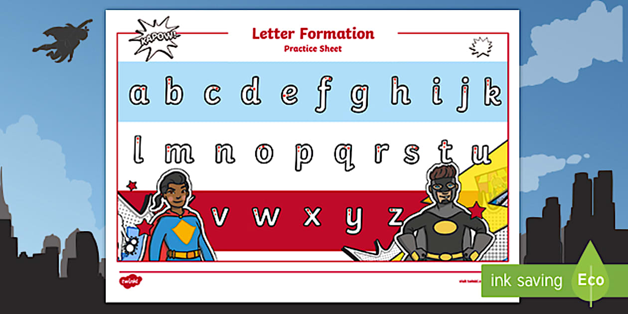 Superhero Letter Formation Alphabet Handwriting Practice Sheet (Lower Case)