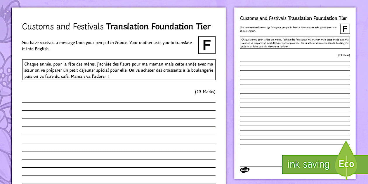 Mother's Day Foundation Translation Activity French
