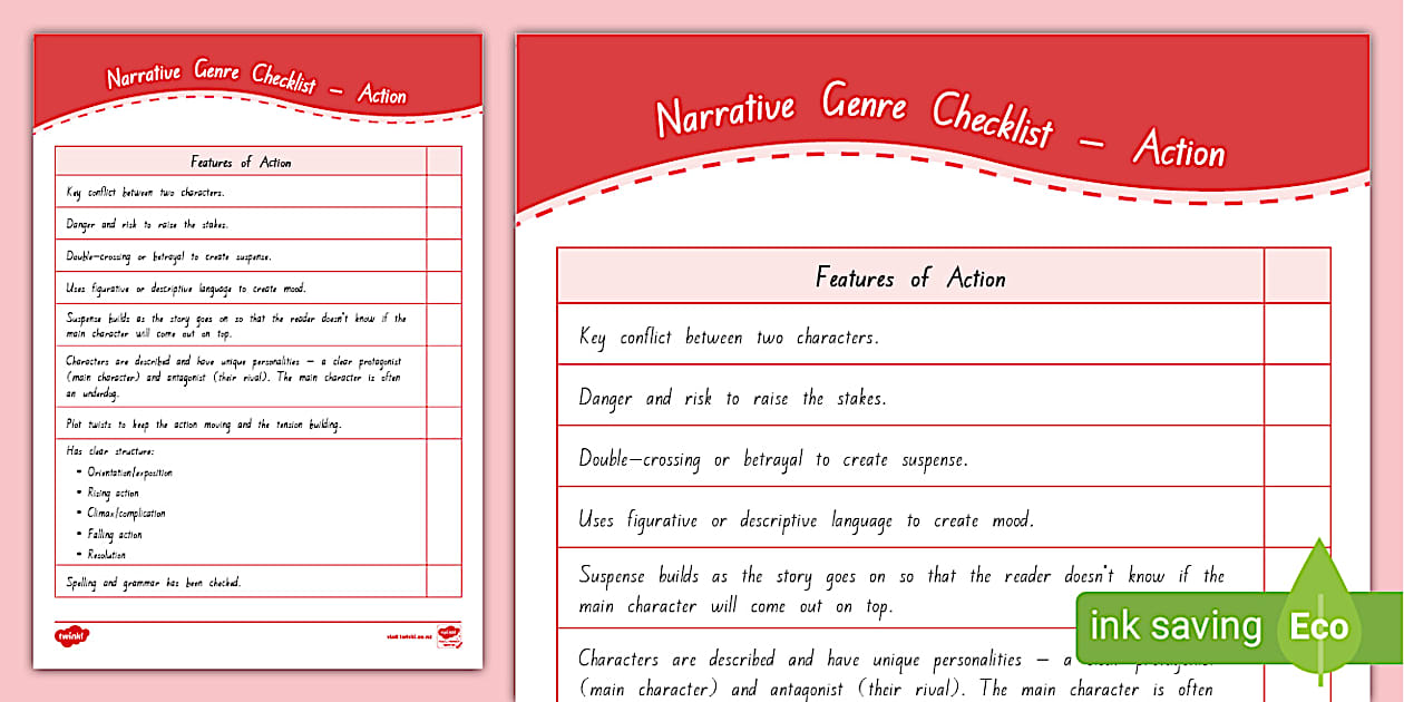 Narrative Genres Writing Checklist - Action - Twinkl