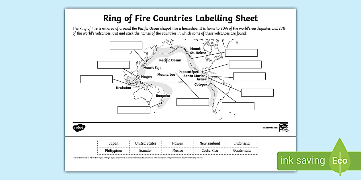 Ring of Fire Countries Labelling Sheet - KS2 - Geography