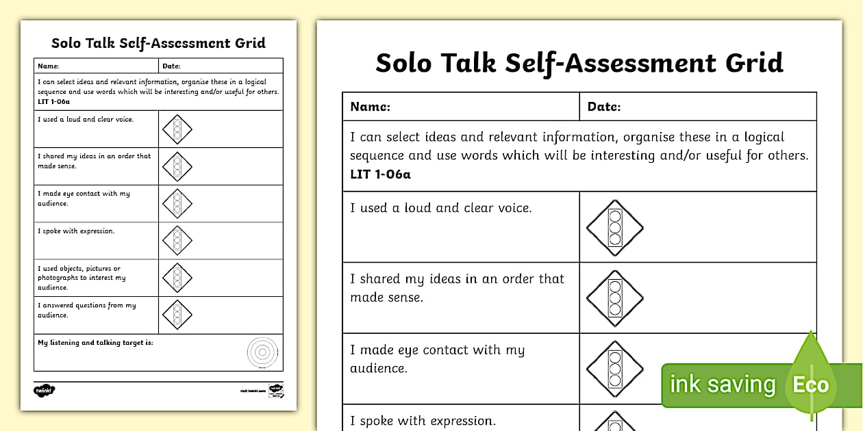 CfE First Level Solo Talk Self-Assessment Grid - Twinkl