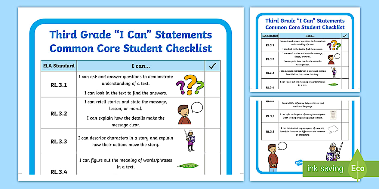 Third Grade I Can Statements Common Core Student Checklist Large Posters