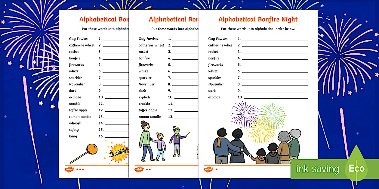Bonfire Night Words Alphabet Ordering Worksheet / Worksheet