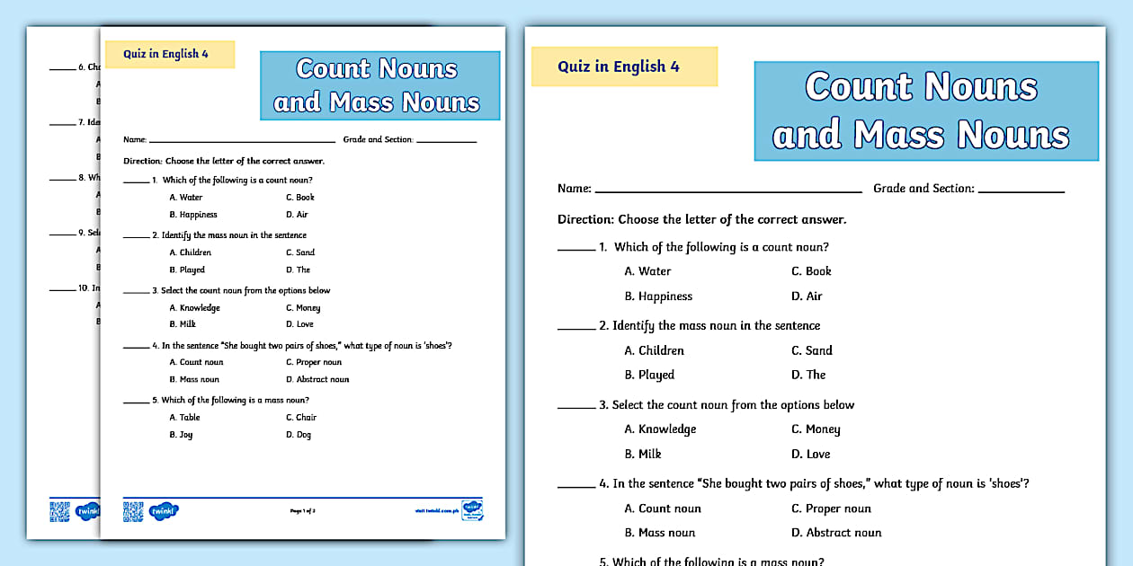 Grade 4 English Quiz - Count nouns and Mass nouns - Twinkl