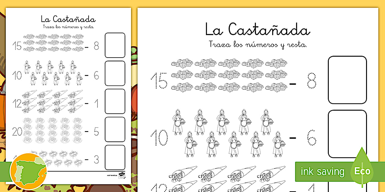La Castañada - Restas hasta 20 Ficha de actividad - Twinkl