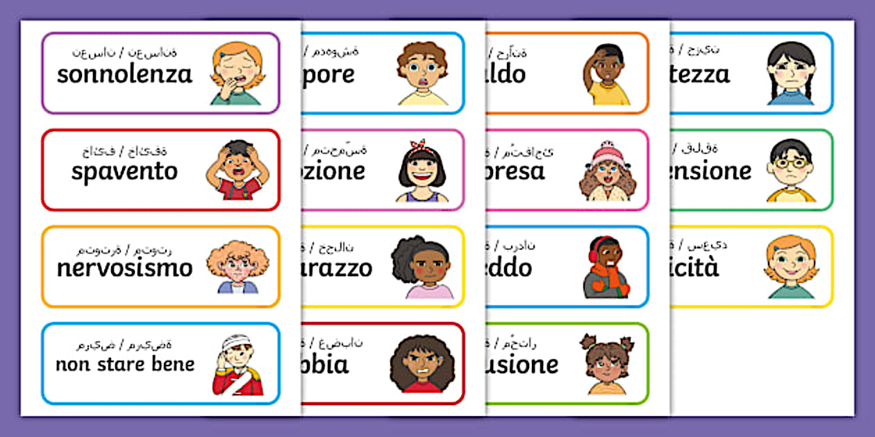 Parlare delle emozioni Flashcards Italiano-Arabo - Twinkl