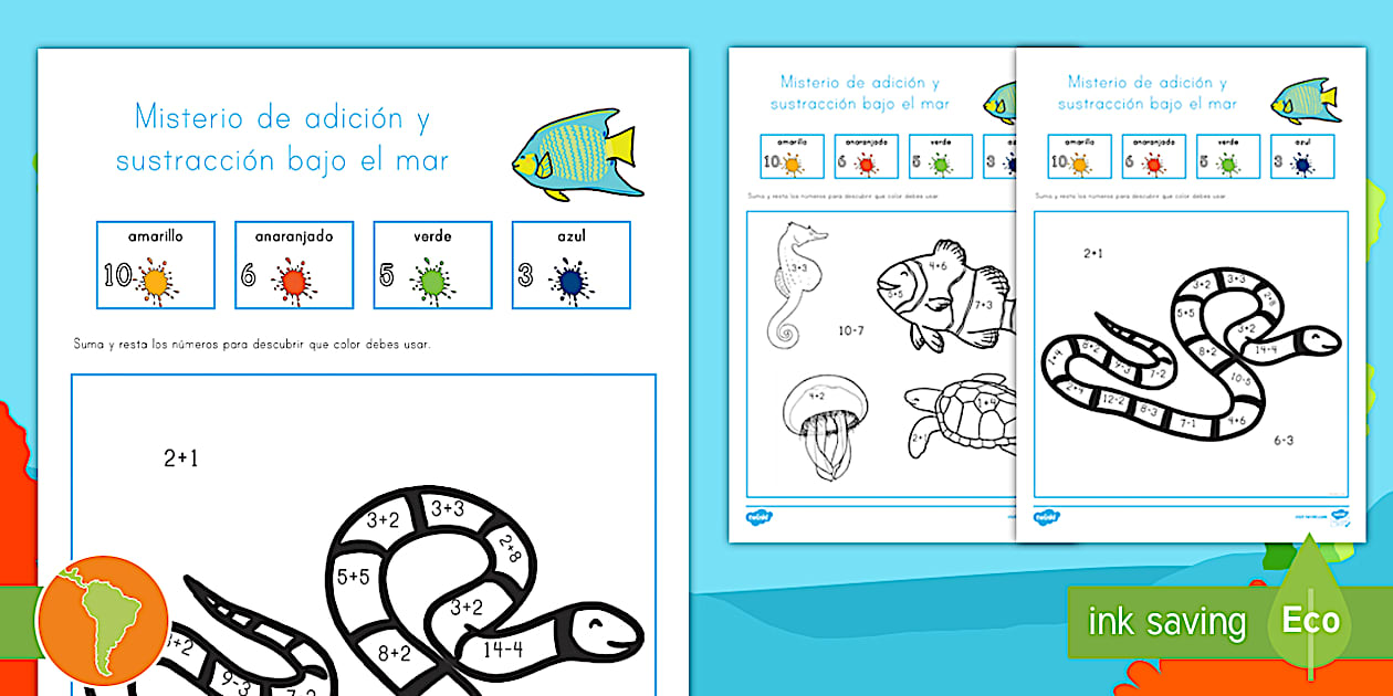 Colorear con números: Misterio de adición y sustracción - bajo el mar