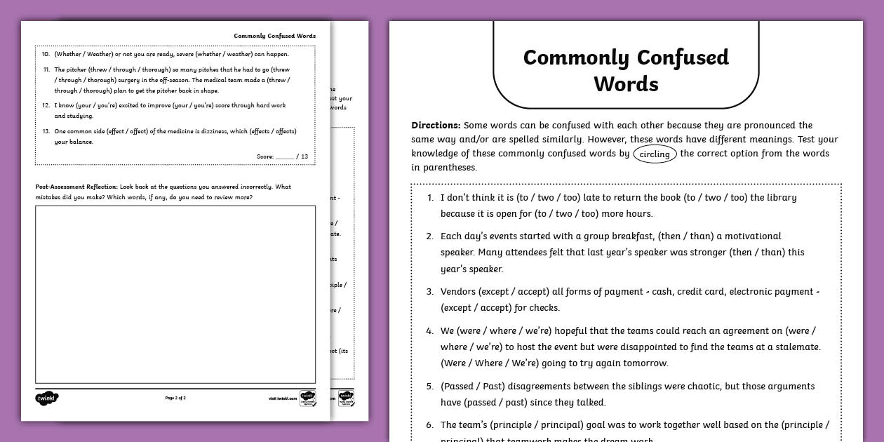 Sixth Grade Commonly Confused Words Assessment - Twinkl