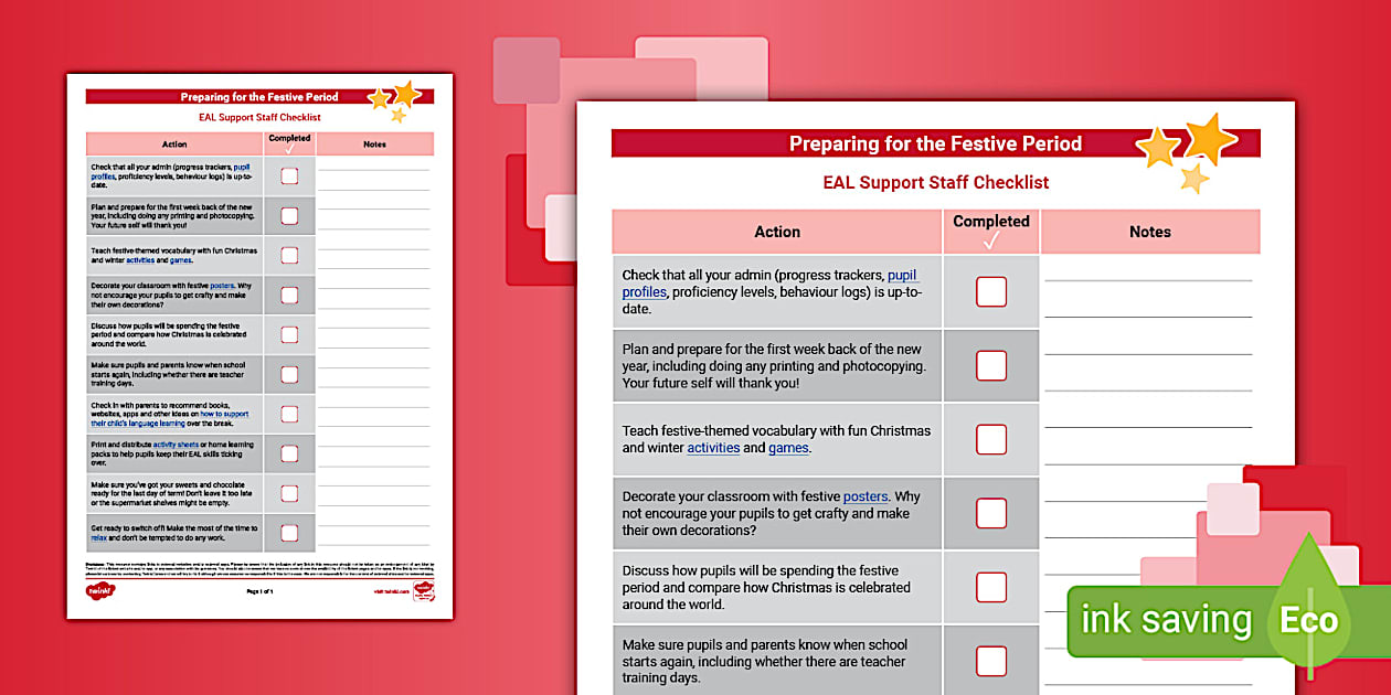 Preparing for the Festive Period - EAL Support Staff Checklist