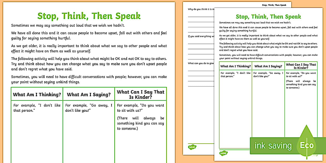 Stop, Think, Then Speak Worksheet (teacher made) - Twinkl