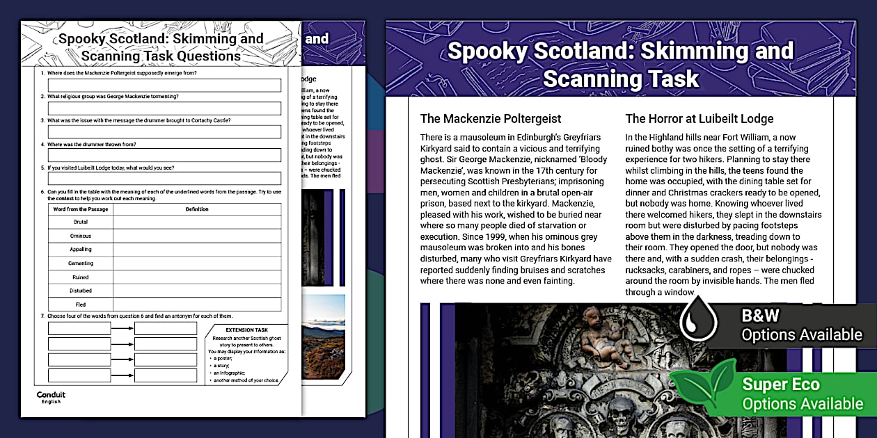 Spooky Scotland: Skimming and Scanning Task (teacher made)
